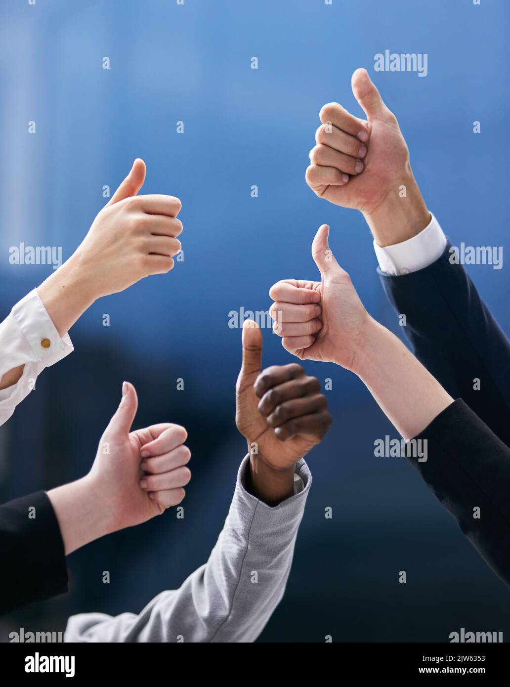 Teamwork always wins the day. a group of office workers giving thumbs ...