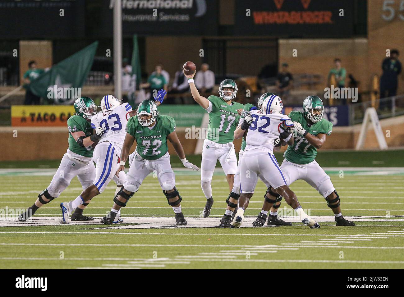 Denton, Texas, USA. 03rd Sep, 2022. North Texas Mean Green quarterback ...