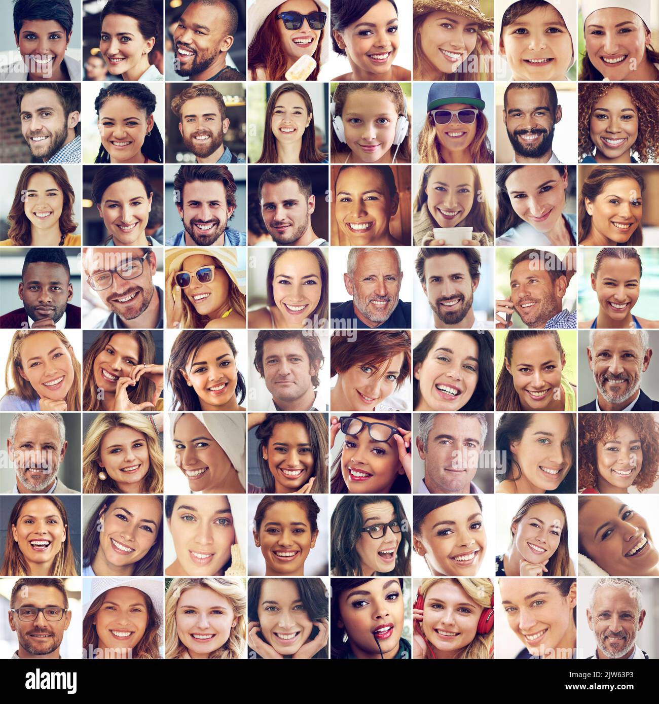 Living life with a smile. Composite image of a large group of diverse ...
