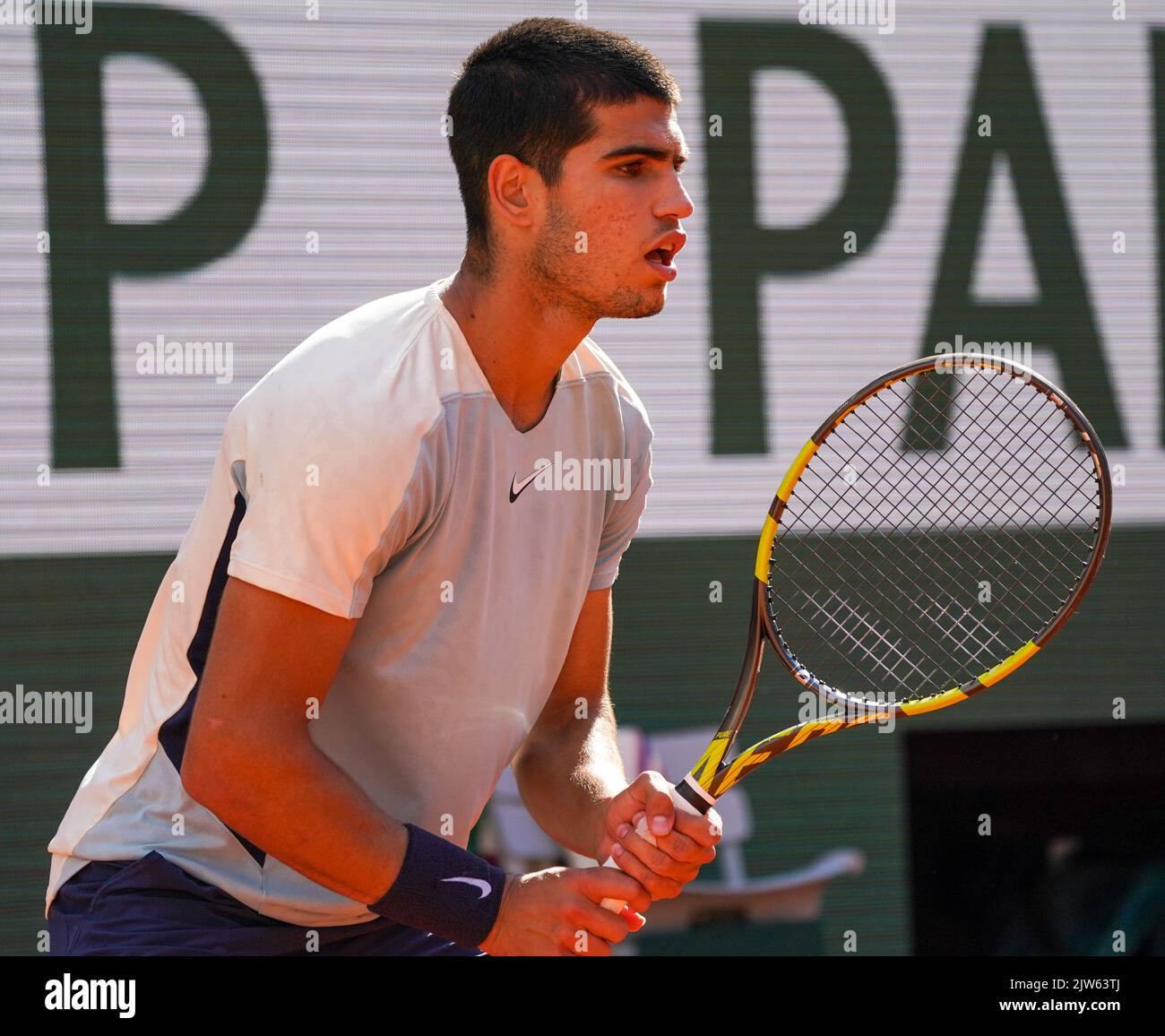 Professional tennis player Carlos Alcaraz of Spain in action during his ...