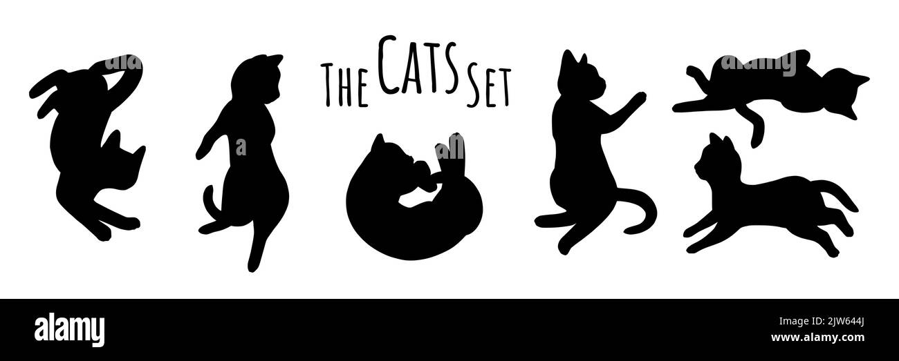 Cat poses doodle set. Cats silhouettes in different poses. Cute vector ...