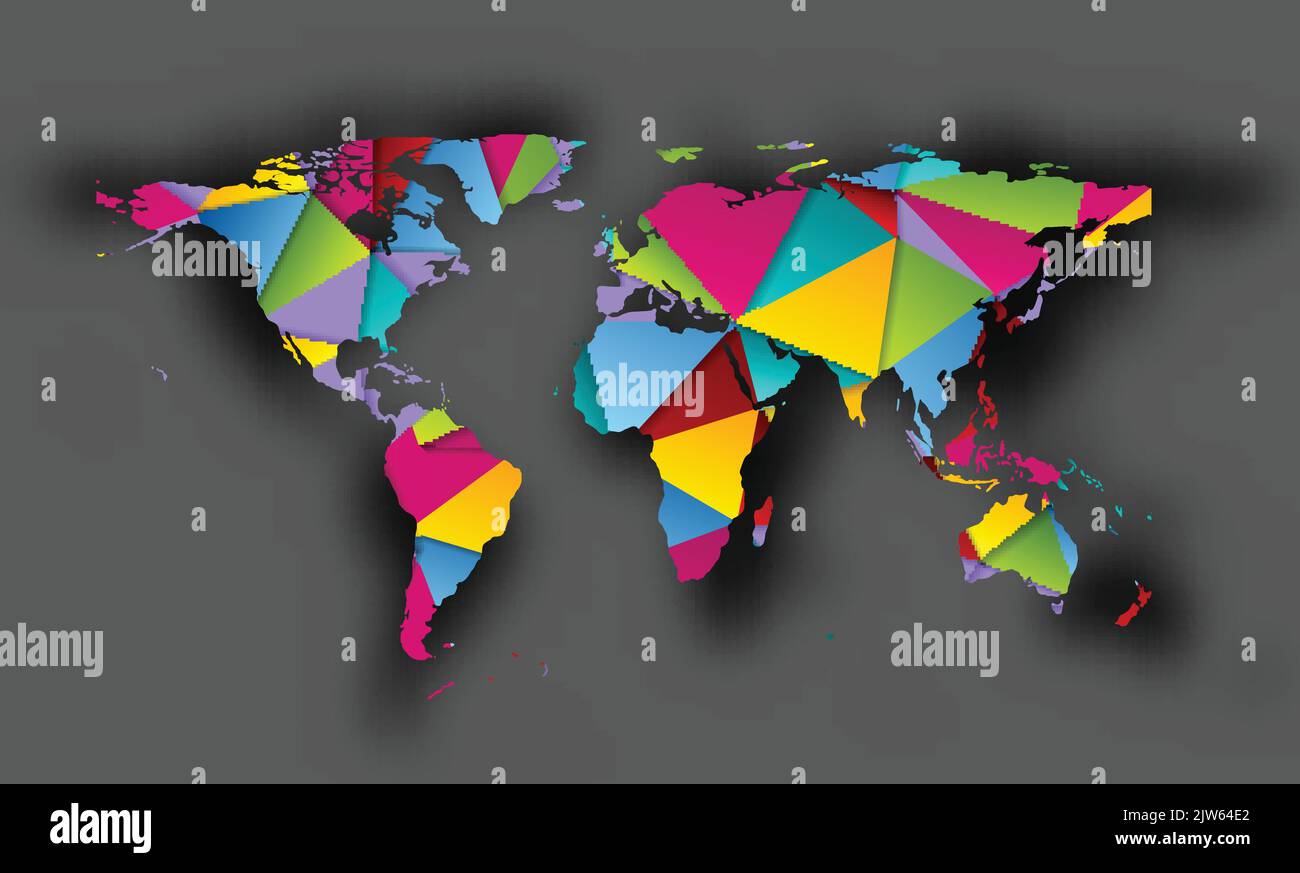 Colorful polygonal world map with shadow on grey background. Vector ...