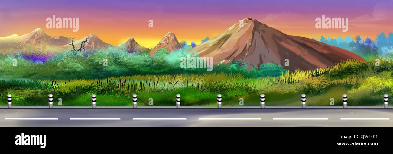 Suburban highway in the mountains on a sunny summer day. Digital ...