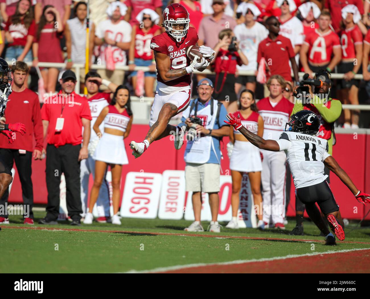 September 3, 2022: Arkansas receiver Jadon Haselwood #9 leaps to make a ...