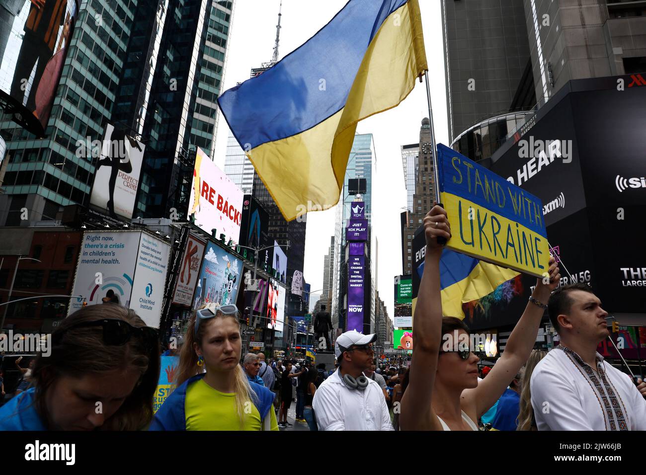 New York City, USA. 03rd Sep, 2022. People rally in Times Square with ...