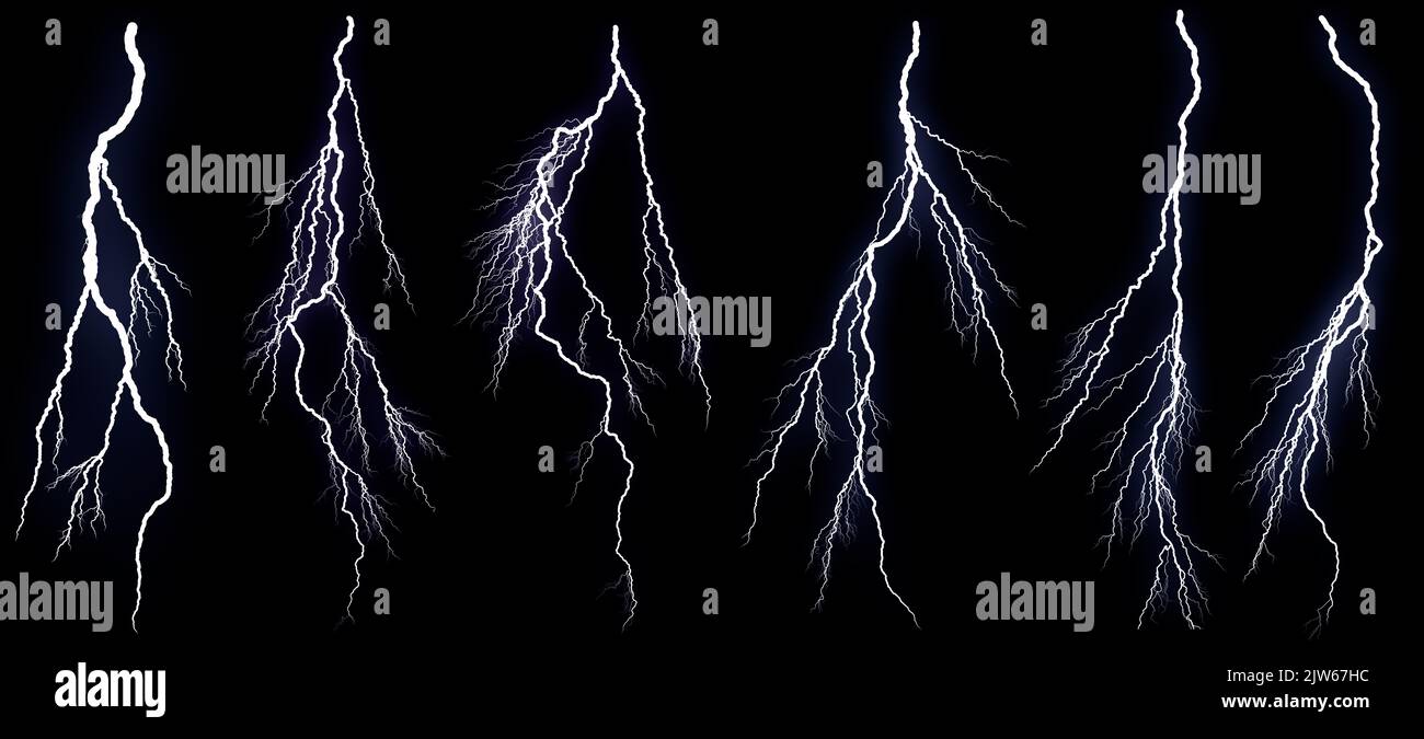 Set of different lightning bolts isolated on black background Stock ...