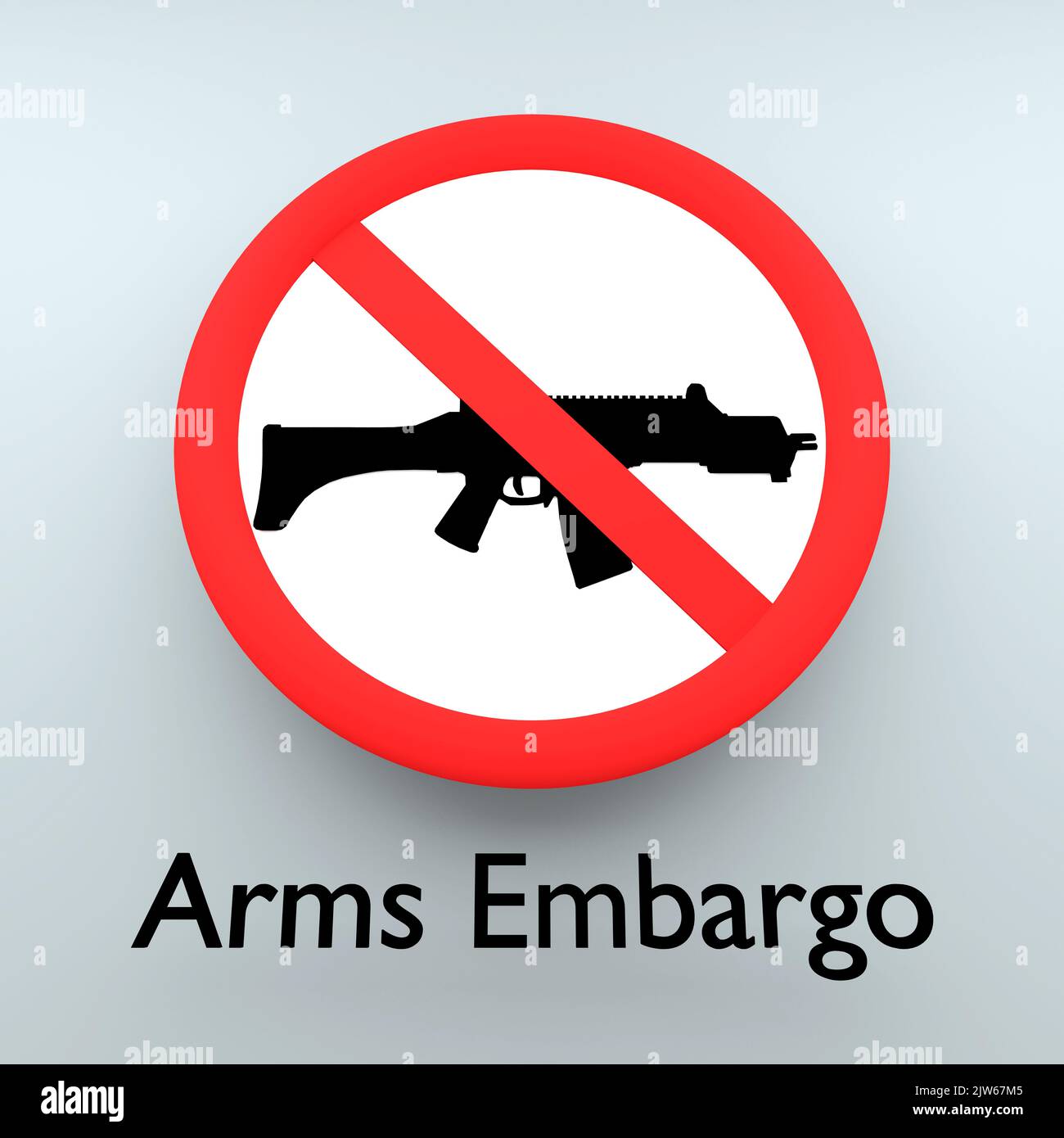 3D illustration of a rifle on No Entry road sign and the text Arms ...