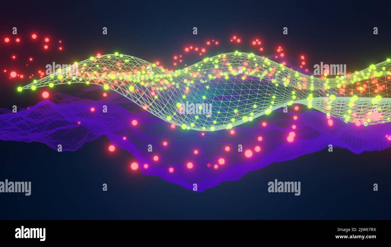 Cyber wireframes landscape in motion. Tech background. Math surfaces ...
