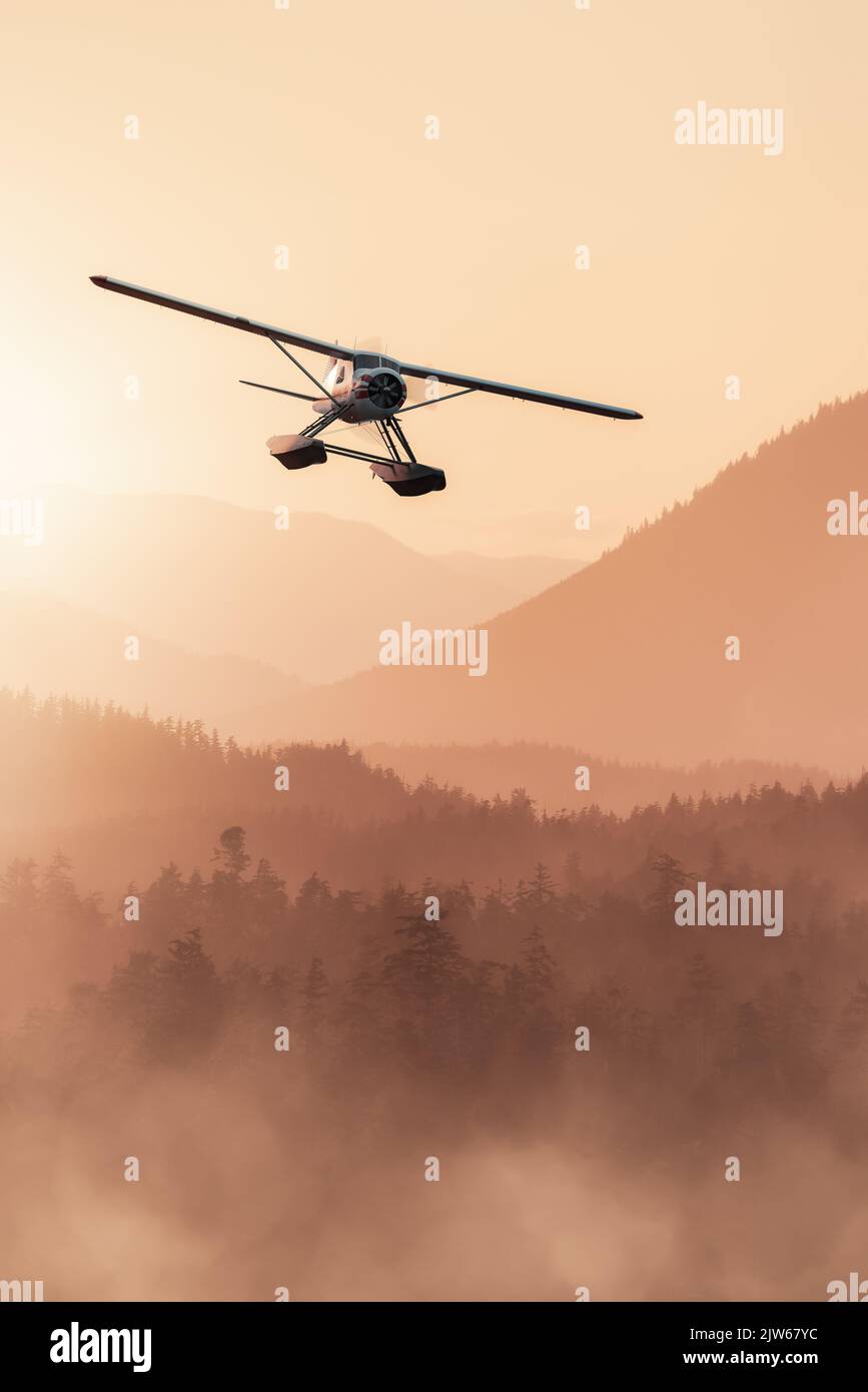 Seaplane Flying over the West Coast Pacific Ocean. Adventure Composite ...