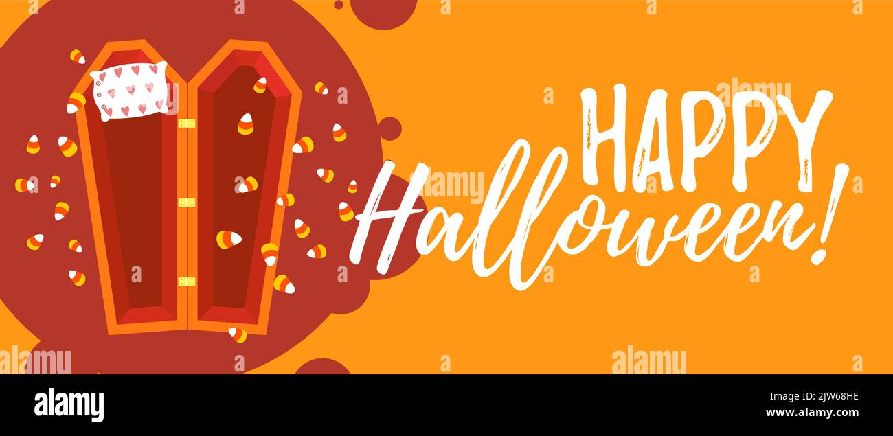 Festive Halloween web banner template. Top view on open coffin with ...
