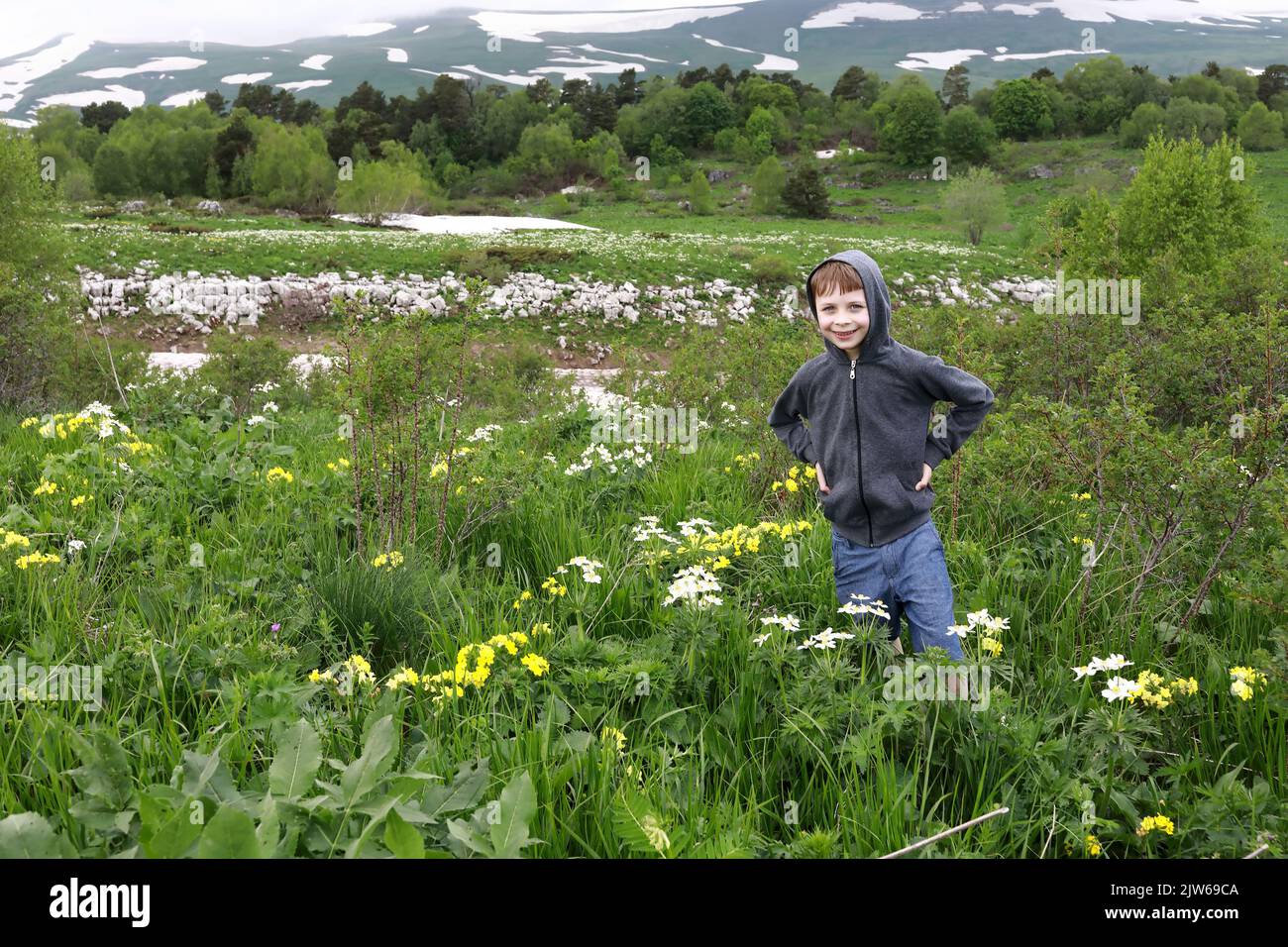 Boy on alpine meadow of Lago-Naki plateau, Western Caucasus Stock Photo ...