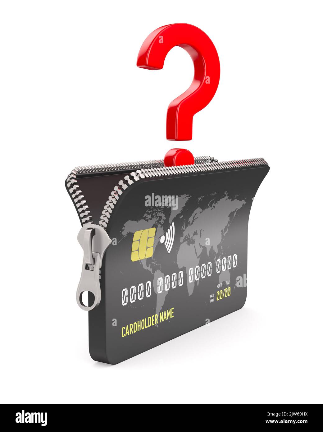 credit card with zipper and question on white background. Isolated 3D ...