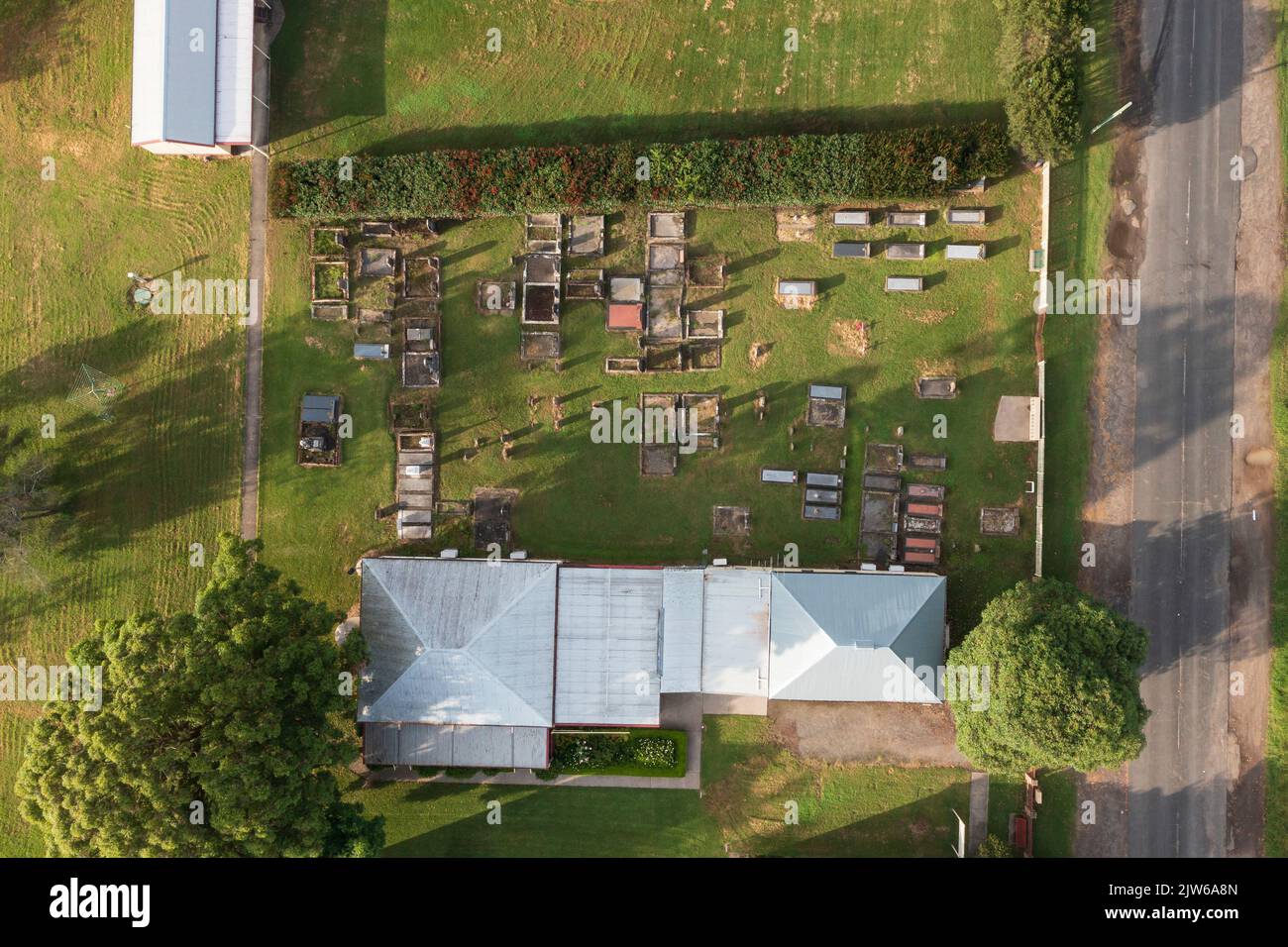 Drone aerial photograph looking down on an old historic cemetery in the ...