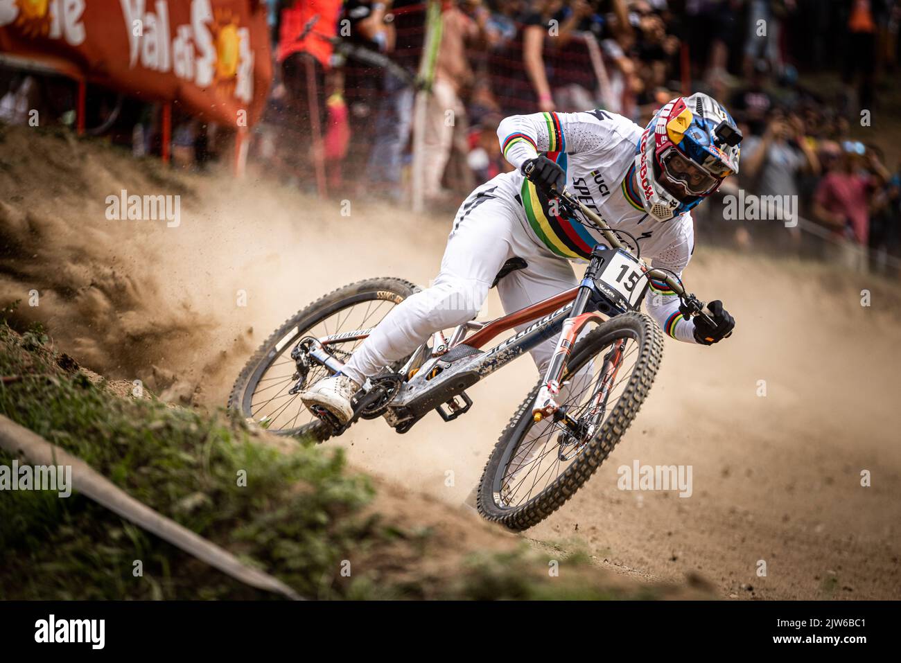 Loic Bruni on the track of the final race of the UCI Mountain Bike World Cup 2022 in Val di Sole ...