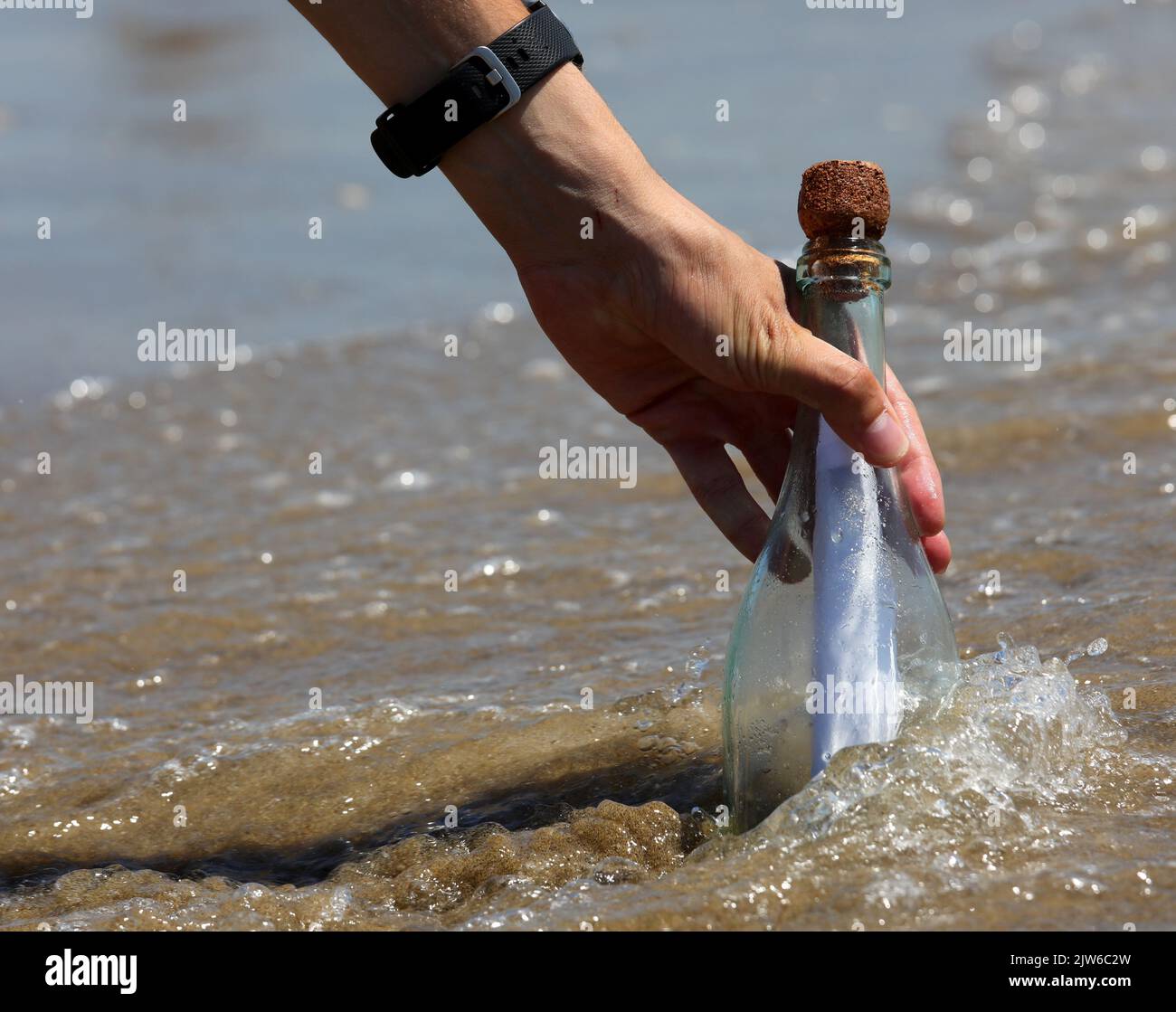 hand of the person who collects the bottle with a secret message or a ...