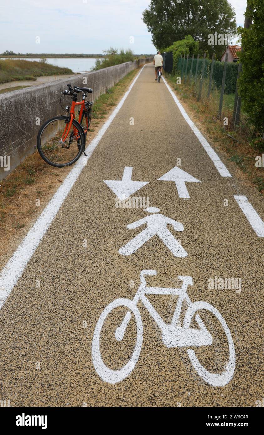 bicycle on the bike path in the plain and the white symbol drawn on the ...