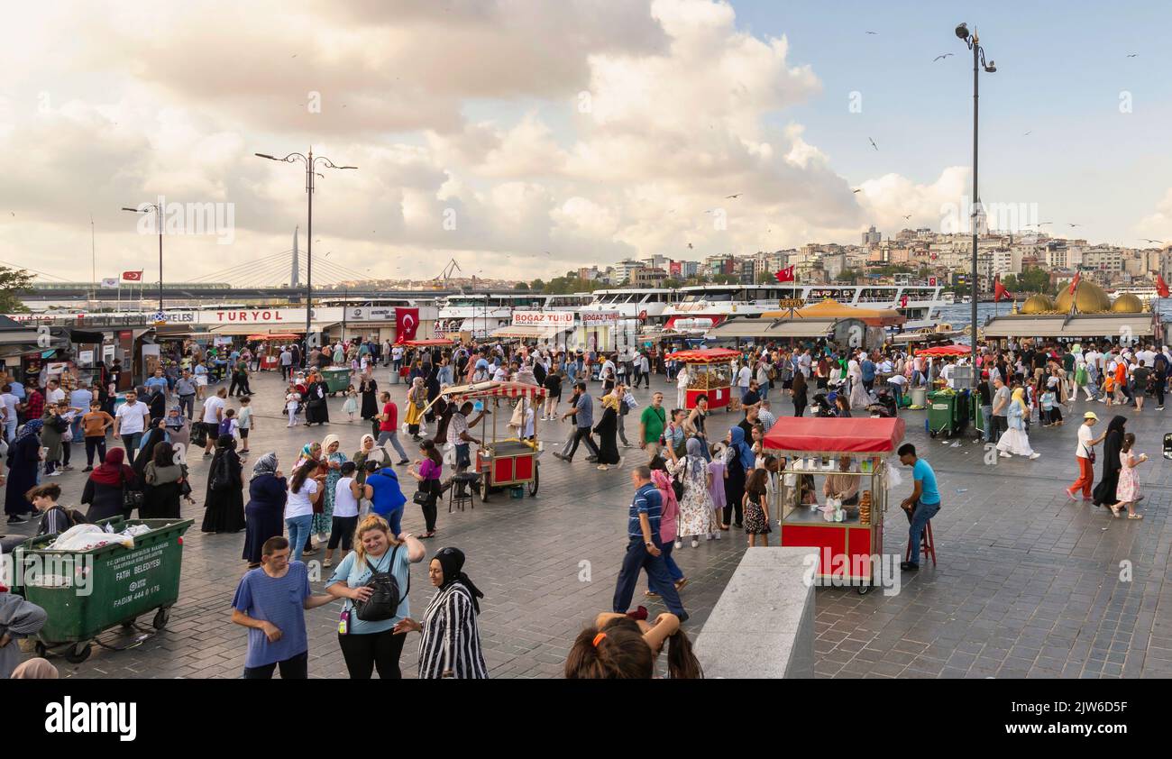 Istanbul, Turkey - August 30, 2022: Crowds of local citizens at Eminonu ...