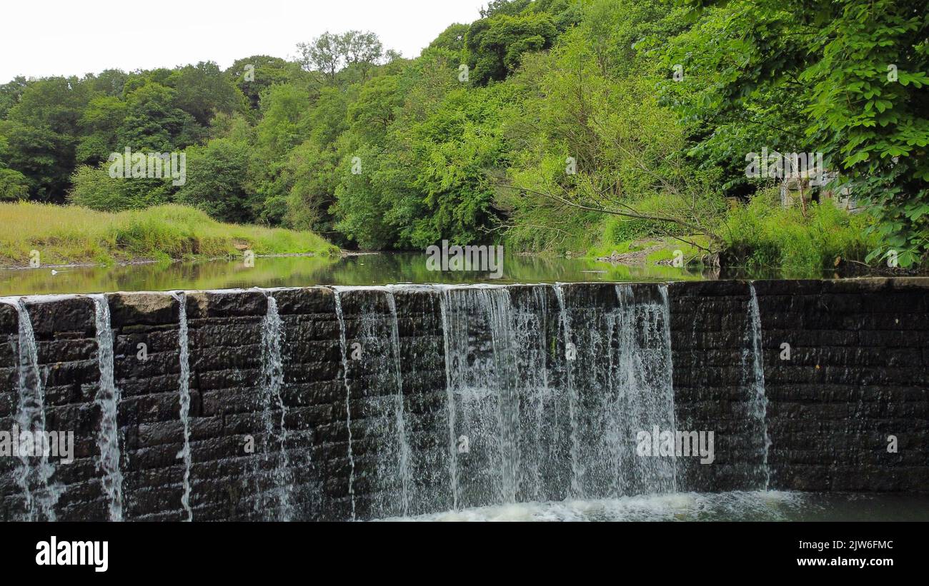 The view of Rishton Waterfalls before the green trees on a sunny day ...