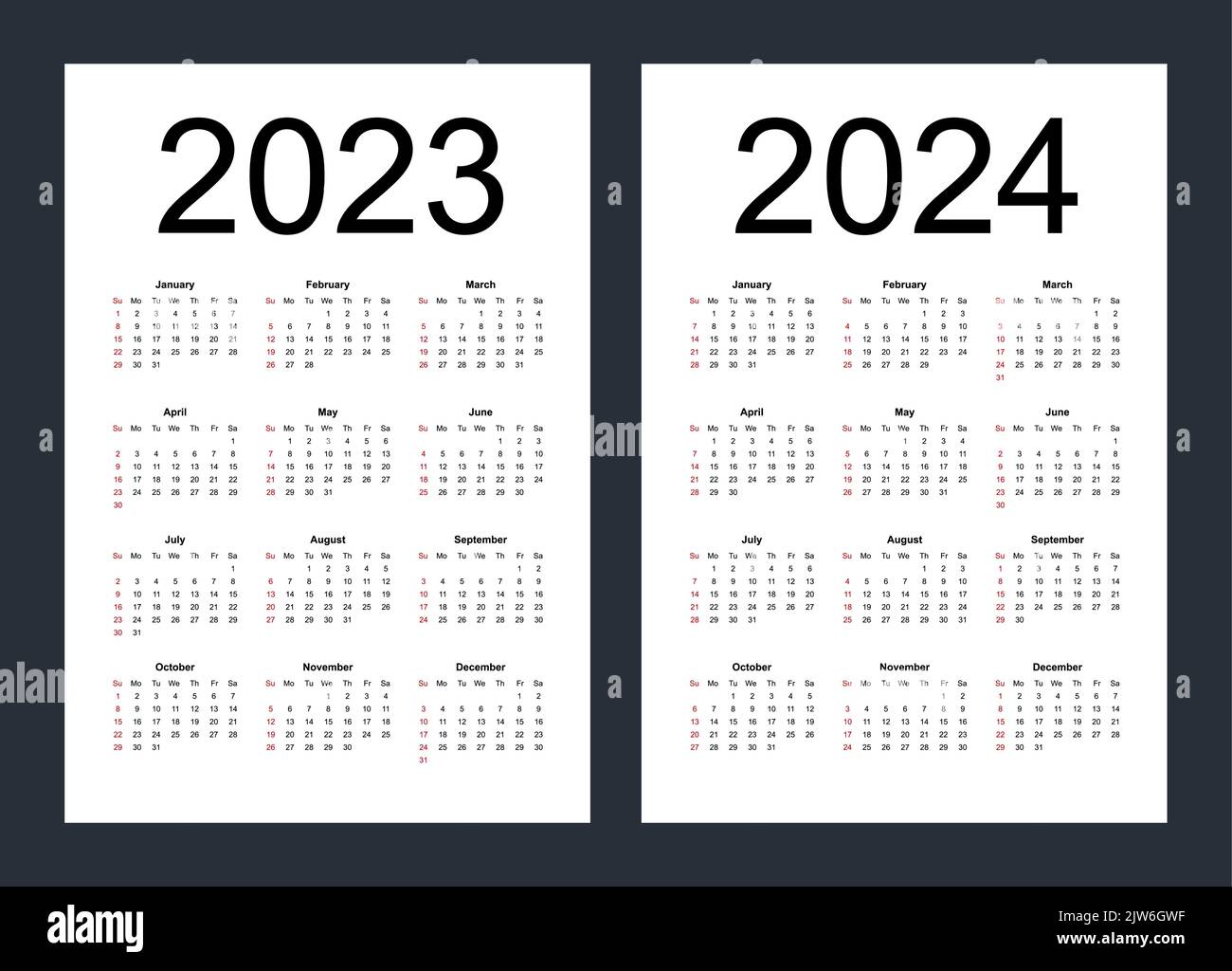 Simple editable vector calendars for year 2023, 2024. Week starts from ...