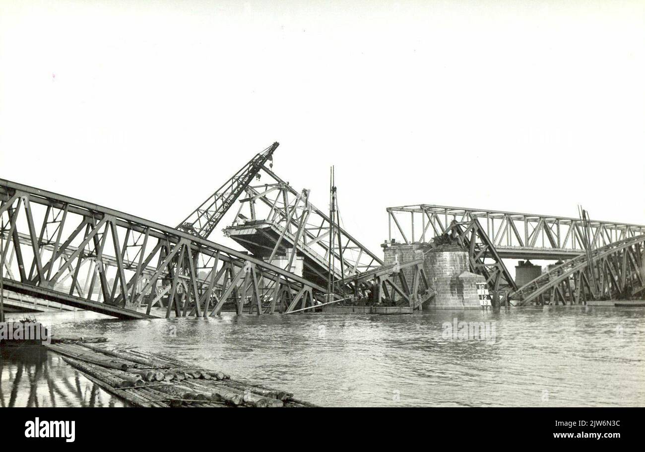 View of the rail and traffic bridge destroyed during the Second World ...
