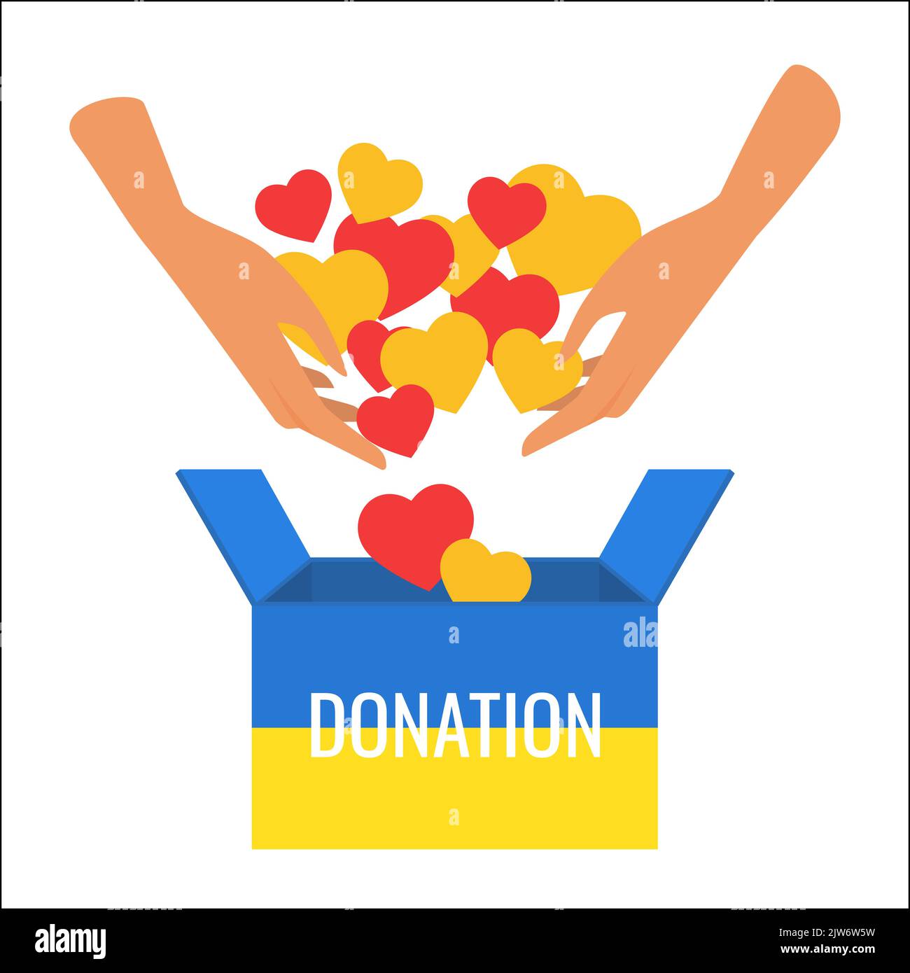 Hands of volunteer throwing hearts into donation box with yellow blue ...