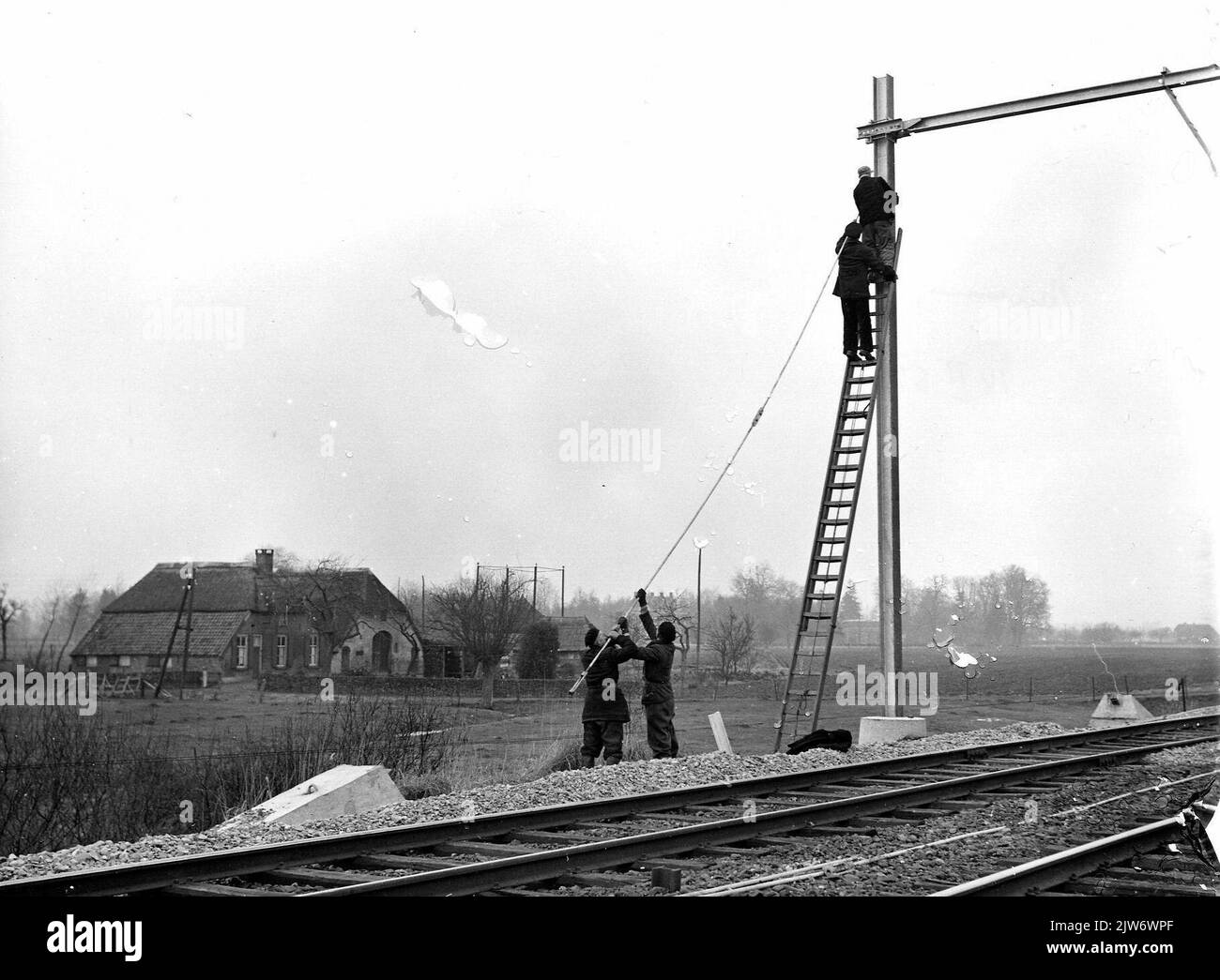 Image of placing an overhead line portal for the electrification of the ...