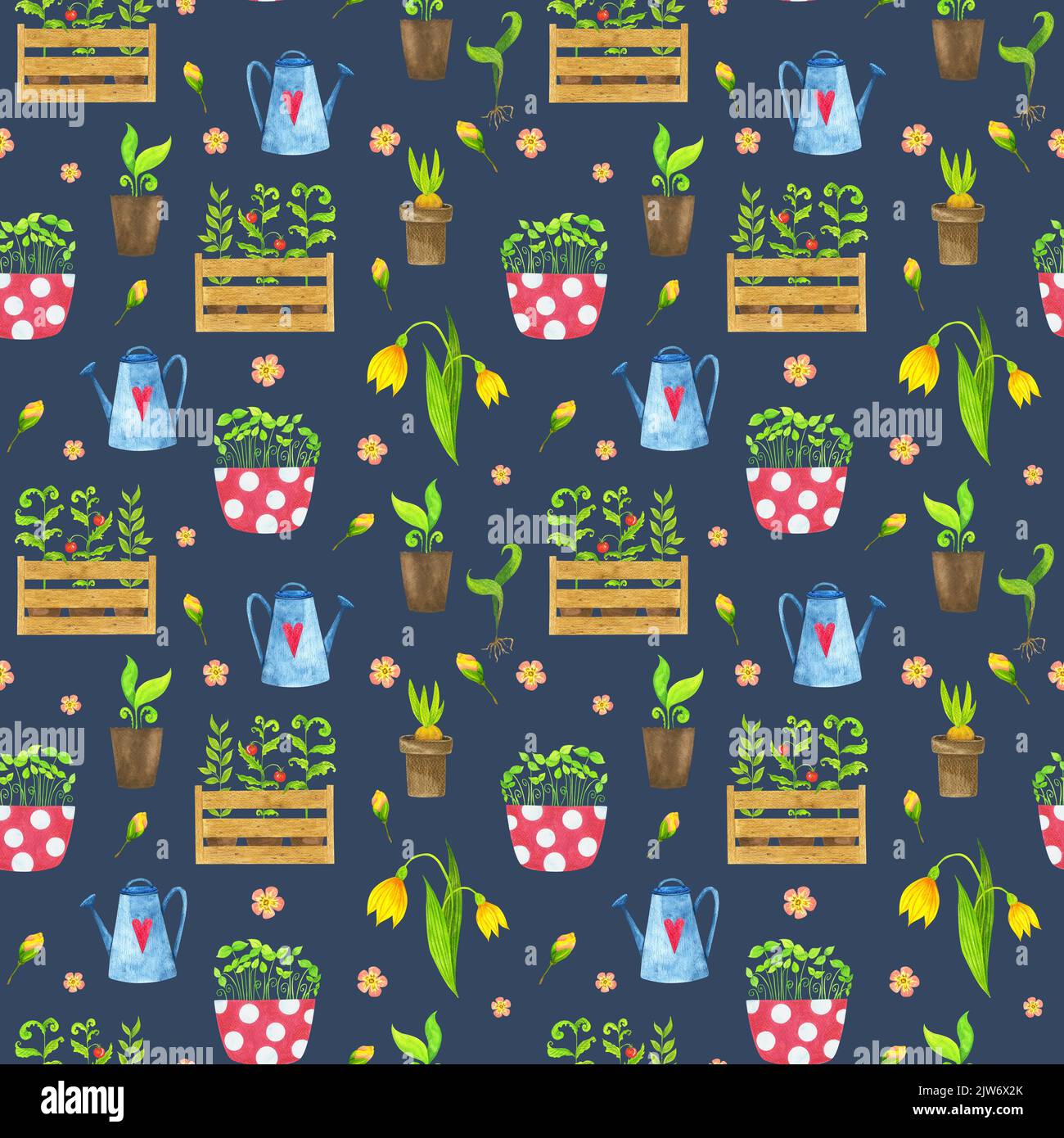 Gardening illustration endless pattern on a dark background. Seedlings ...
