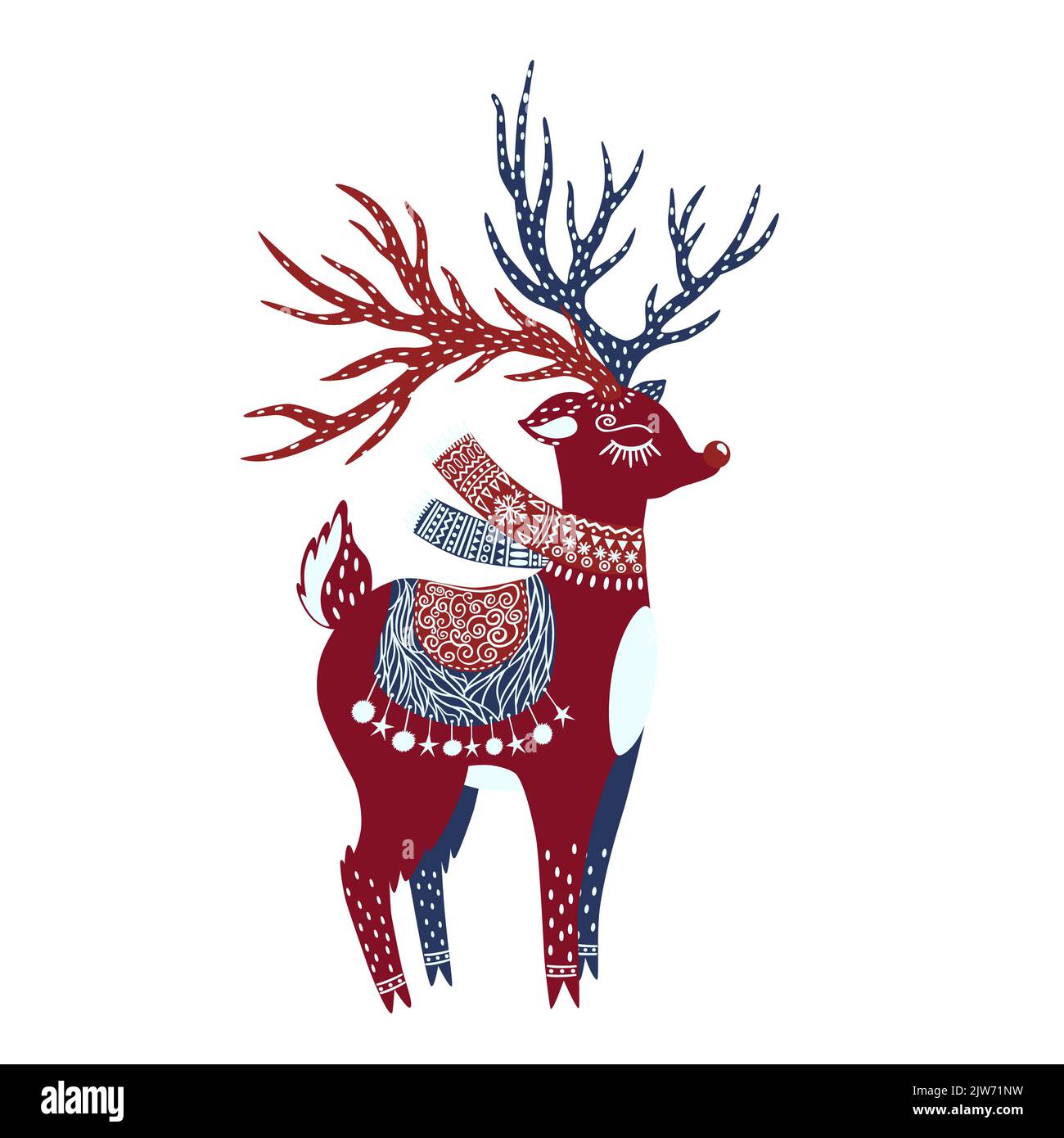 Christmas deer in blue and red tones with a winter pattern. New Year's ...