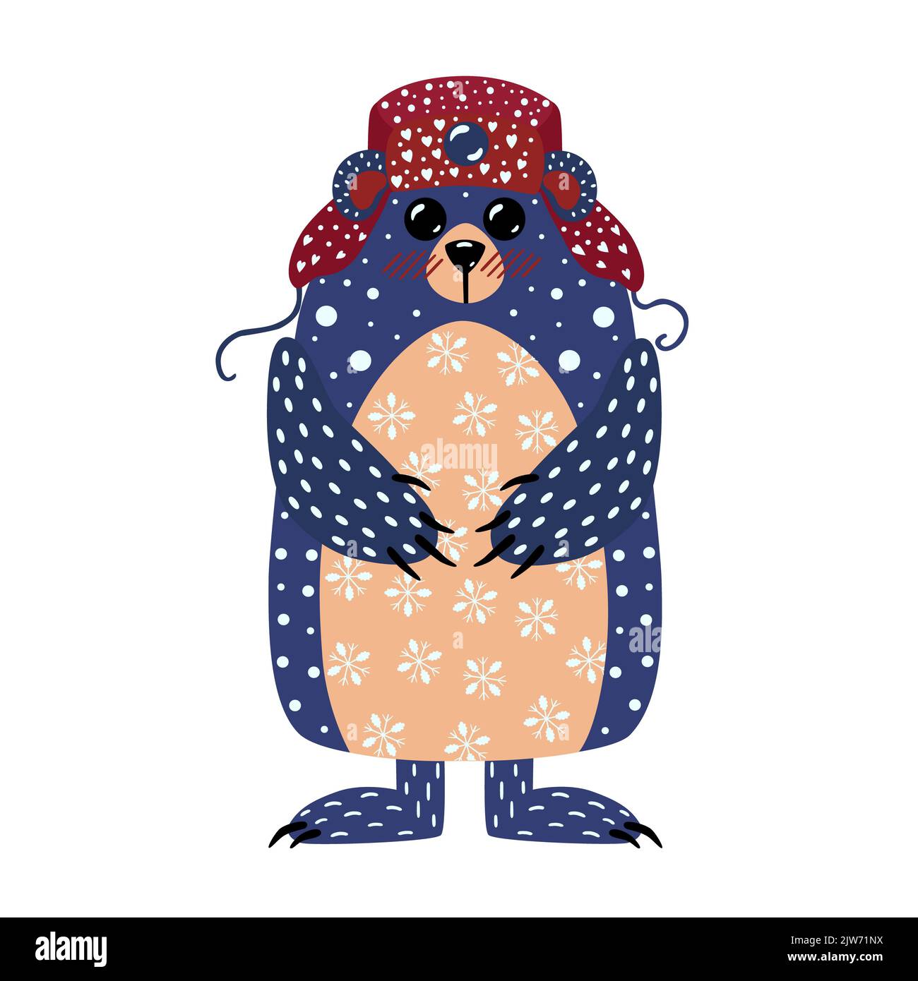 Blue big fluffy bear in a red cap. New Year's illustration for cards ...