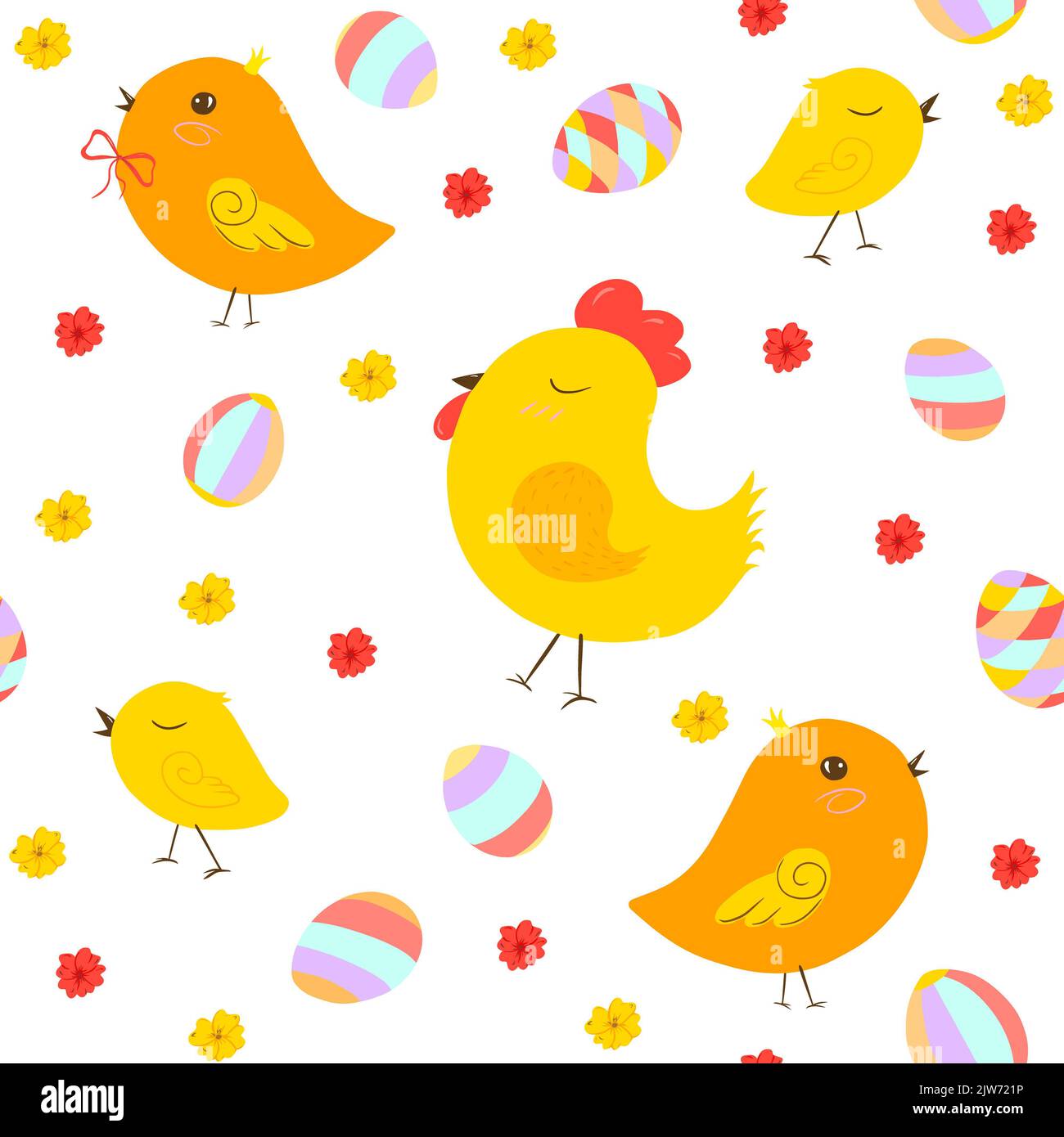Easter seamless pattern chickens. Traditional illustration of yellow chickens and easter eggs ...