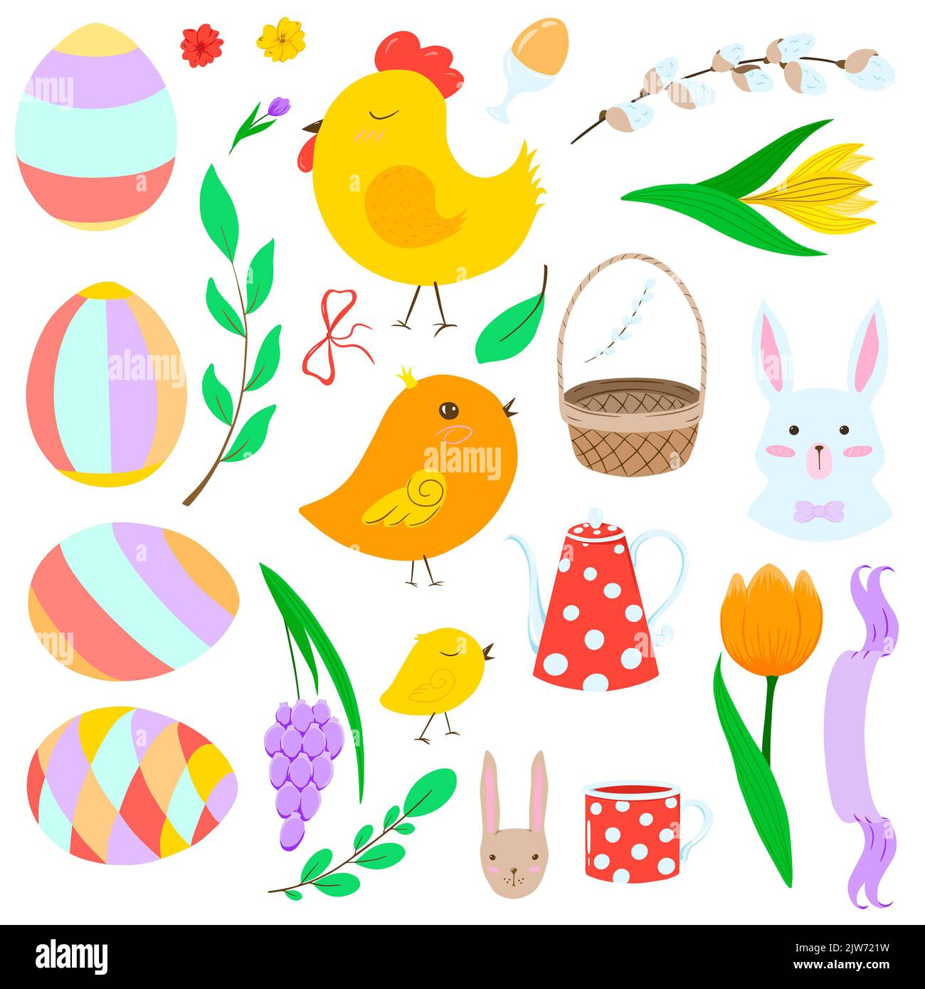 Raster set of Easter illustrations. Bright colors, hand-drawing ...