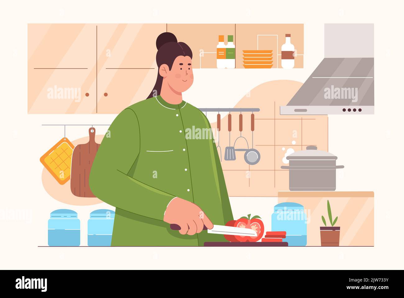 Cooking in kitchen, love to cook vector illustration. Cartoon female ...