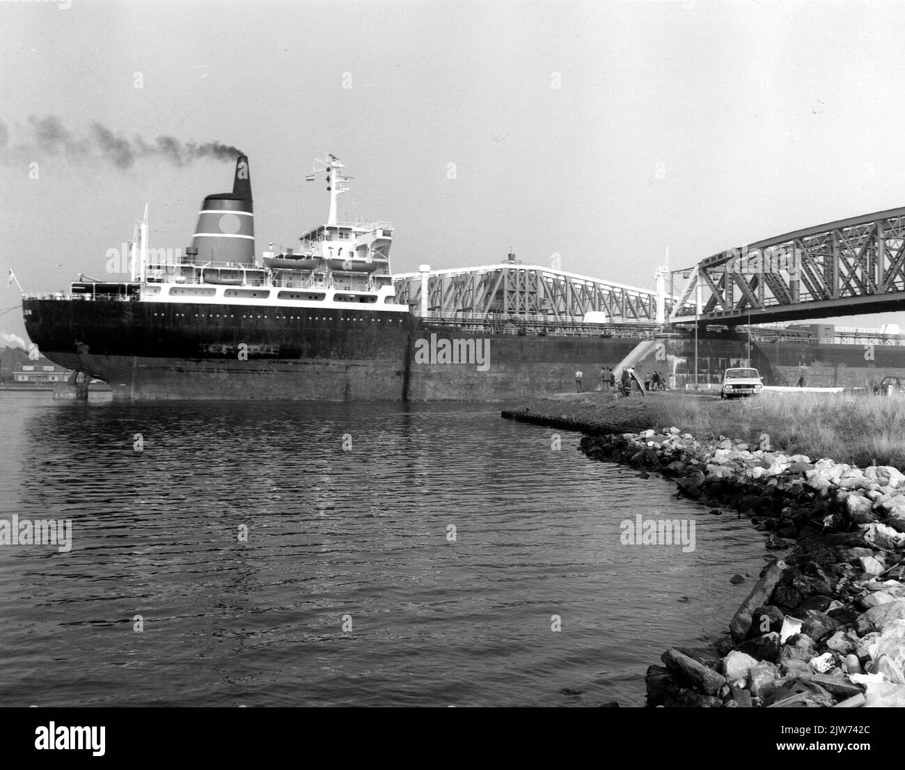 View of the opened railway bridge (Hembrug) over the North Sea Canal ...