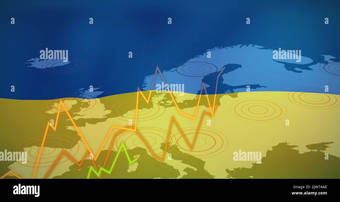 Image of financial data and graph over europe map and flag of ukraine ...
