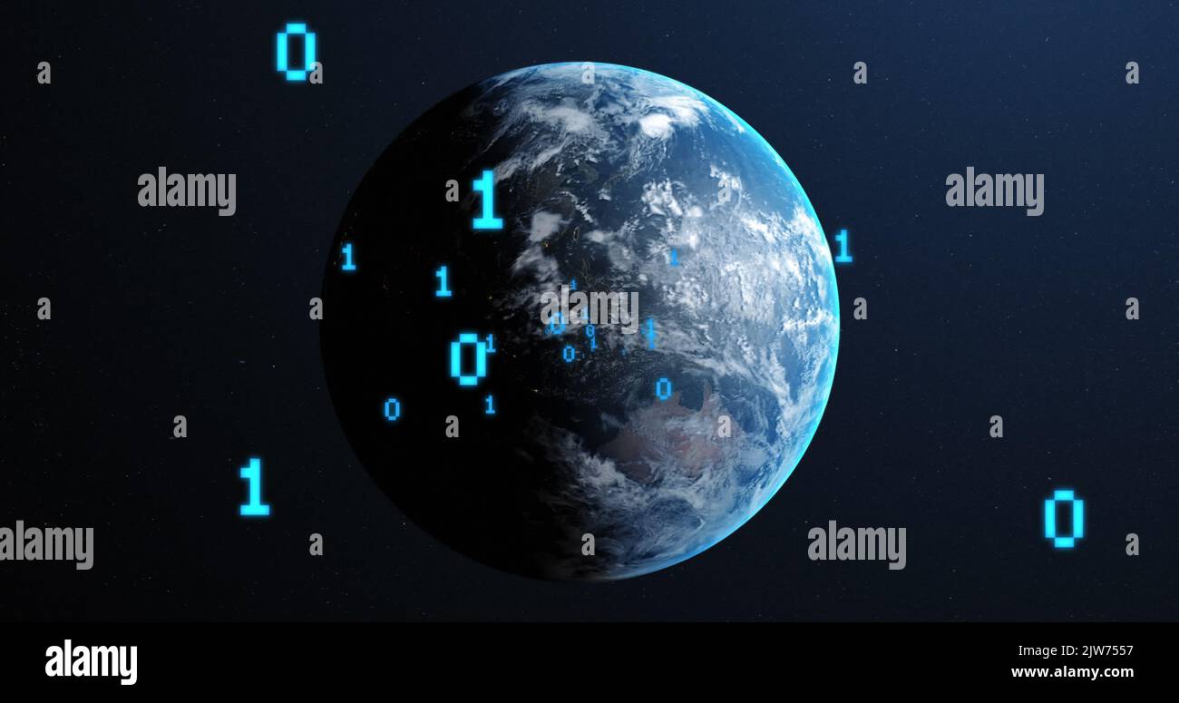 Image of binary coding and globe on black background. global technology and digital interface ...