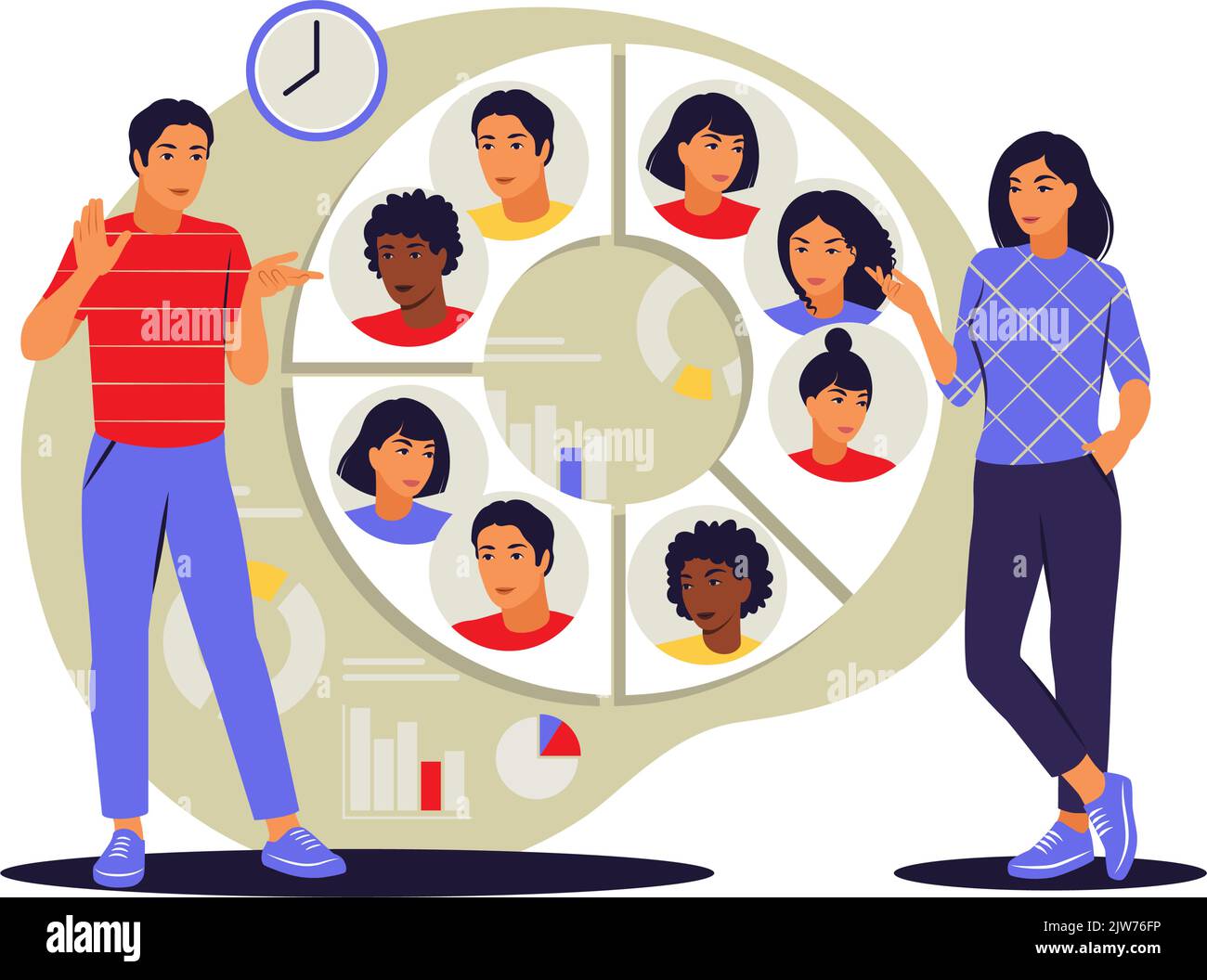 Audience segmentation concept. People near a large circular chart with ...