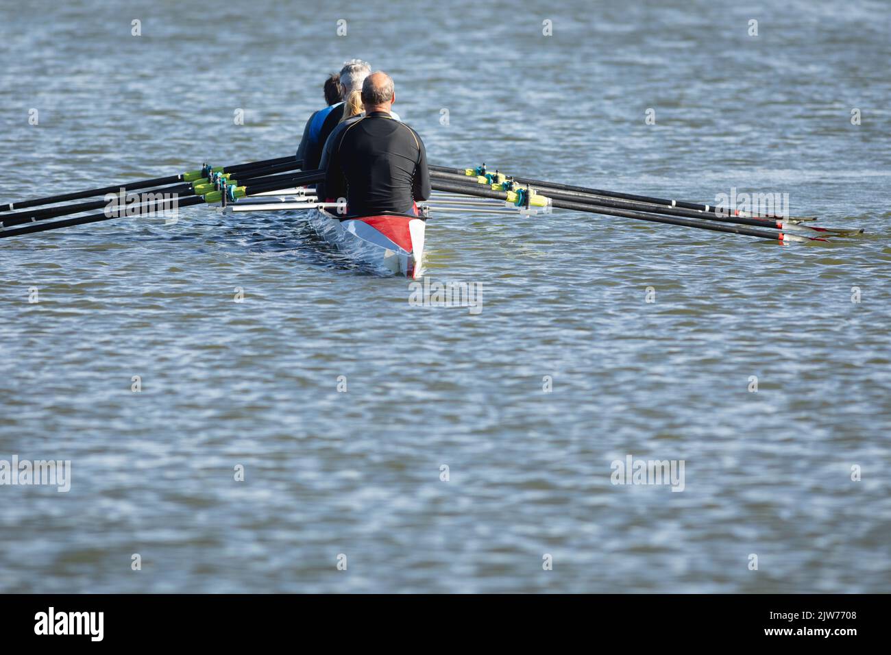 Rear view of senior caucasian rowing team rowing the boat on the lake ...