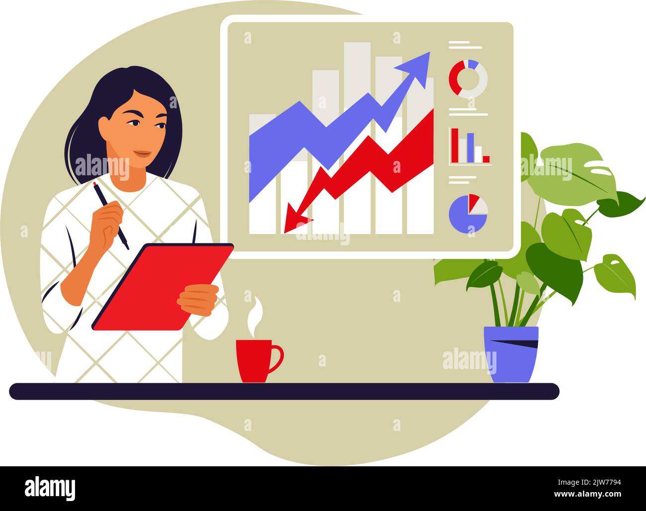 Taking notes concept. Woman taking notes. Vector illustration. Flat ...