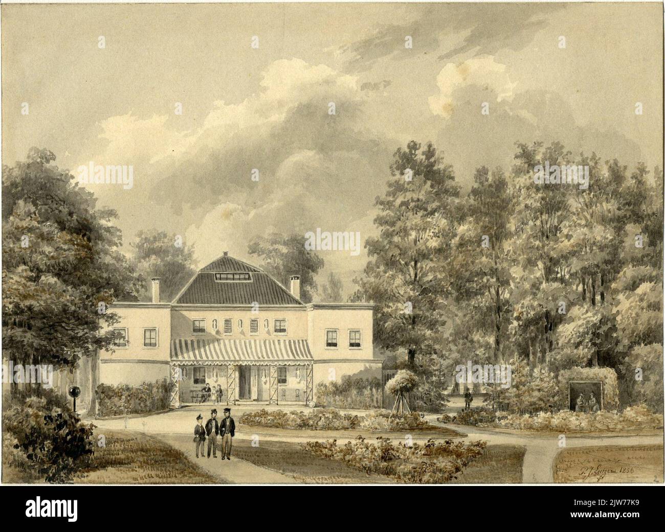 View of the rear of a country house with a covered terrace between two ...