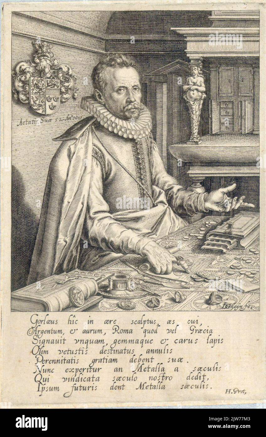 8-line verse by Hugo de Groot ("H. Cave.") Press Recto under the ...