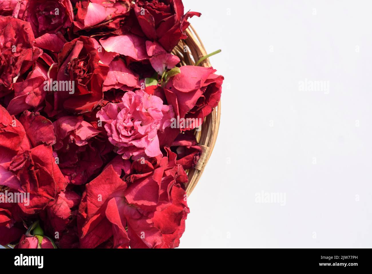 Fresh red rose flowers in basket. Top view of Rose fresh flowers on ...