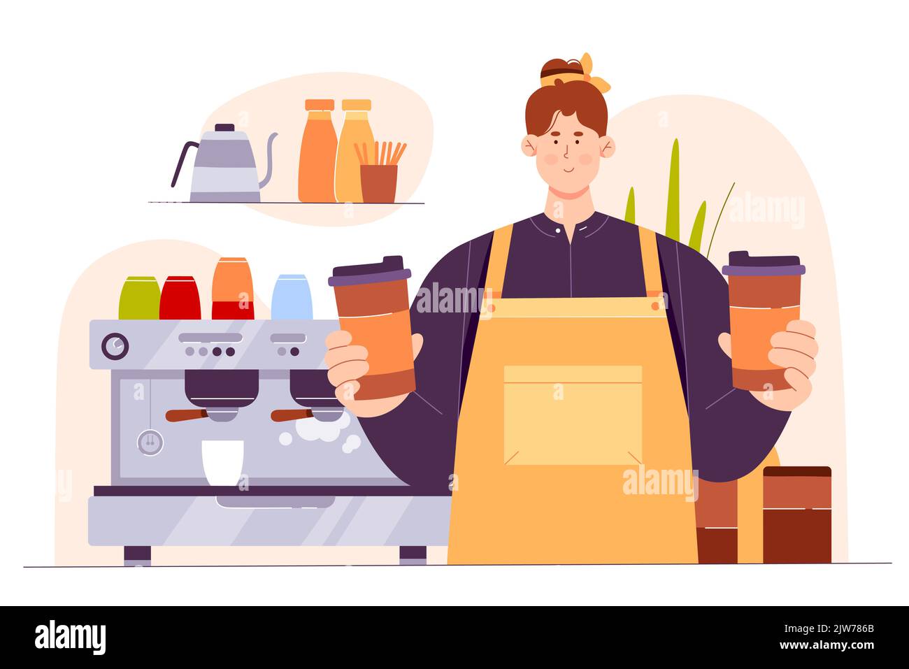 Coffee Shop With Barista Holding Takeaway Cups Vector Illustration