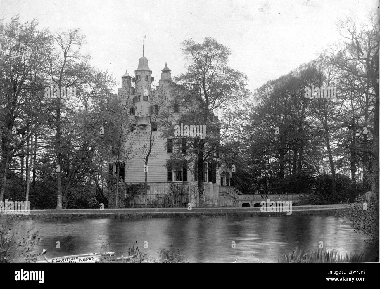 View over the Vecht on the left and front of the Oudaen castle near ...