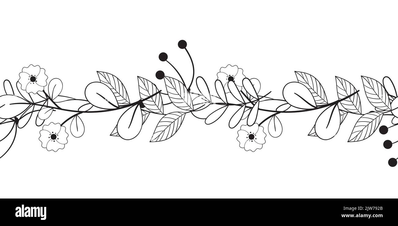 Vintage rustic seamless pattern border with floral motif. Flowers black ...