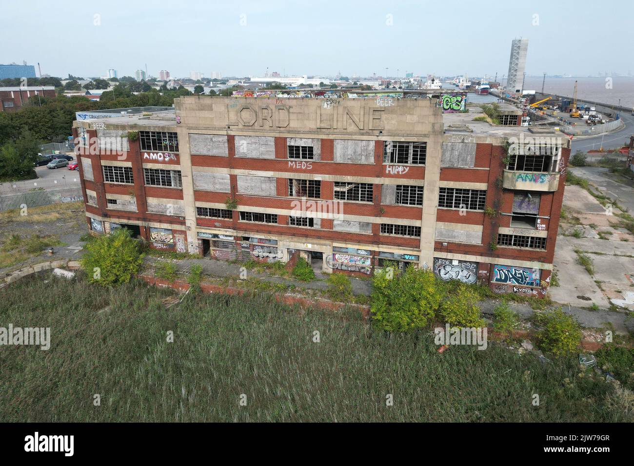 aerial view of lord line trawler company building, Large derelict ...