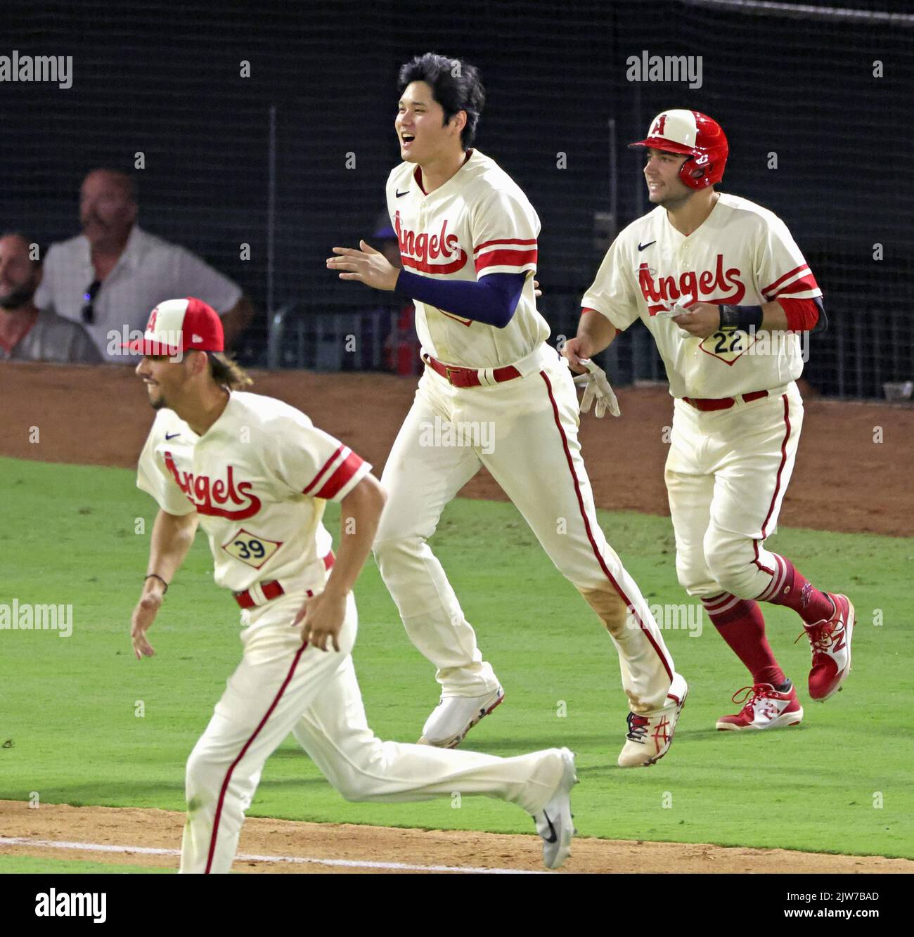 The Los Angeles Angels' (from L) Ryan Aguilar, Shohei Ohtani and David ...