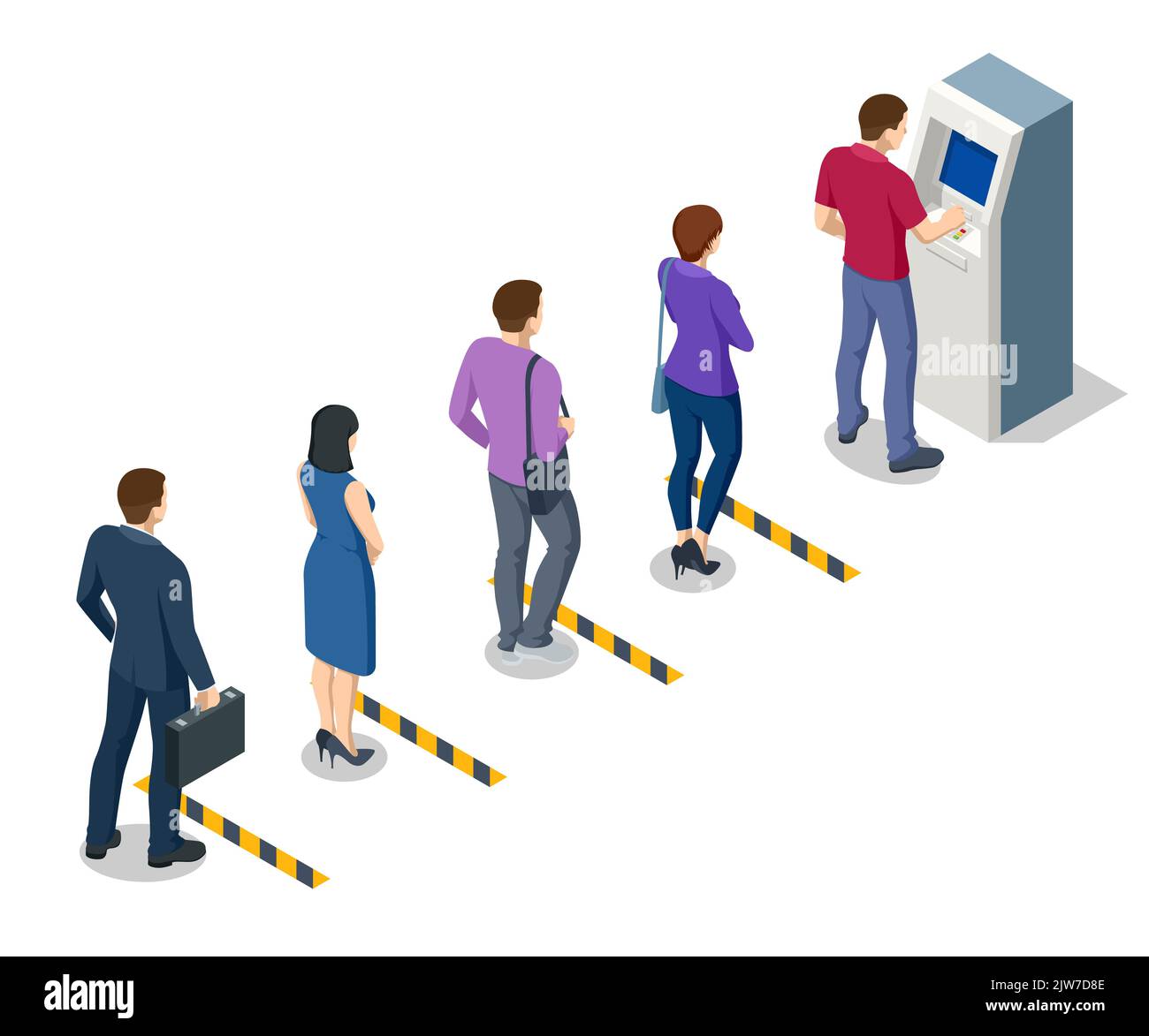 Isometric man waiting for the credit card inserting from ATM Machine. ATM service machine of a ...