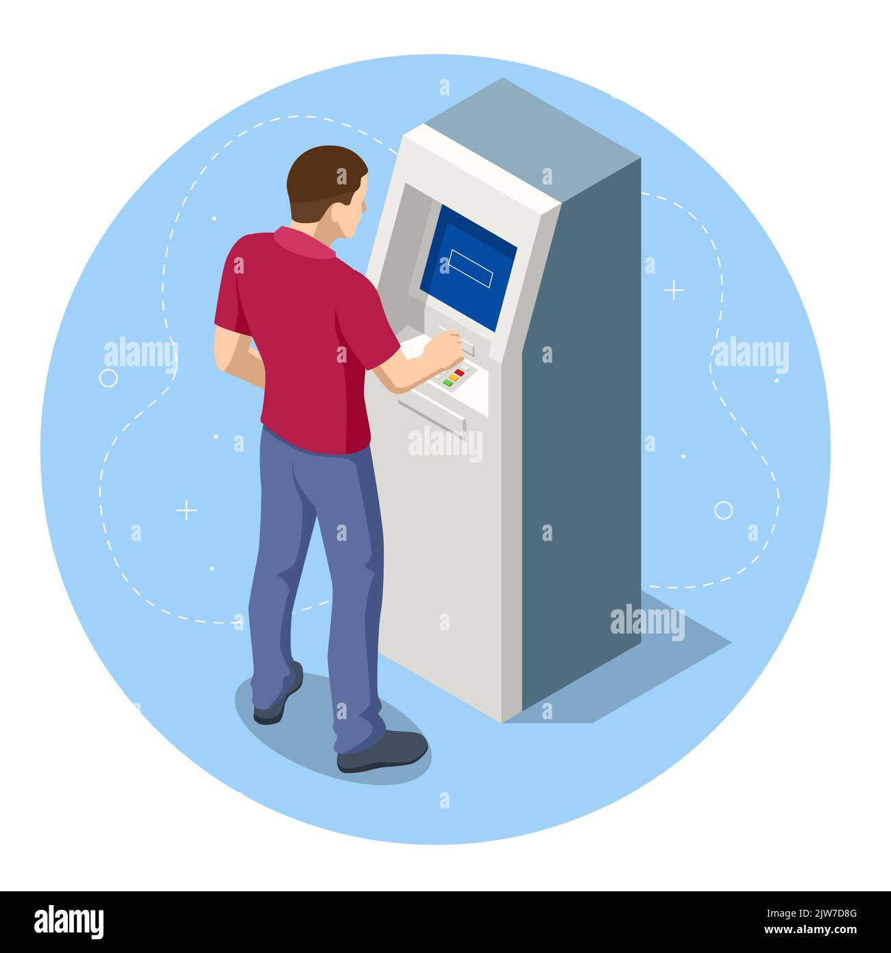 Isometric man waiting for the credit card inserting from ATM Machine. ATM service machine of a ...