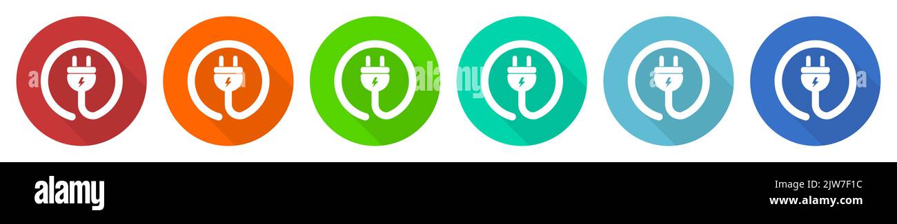 Plug power icon set, flat design vector illustration in 6 colors ...