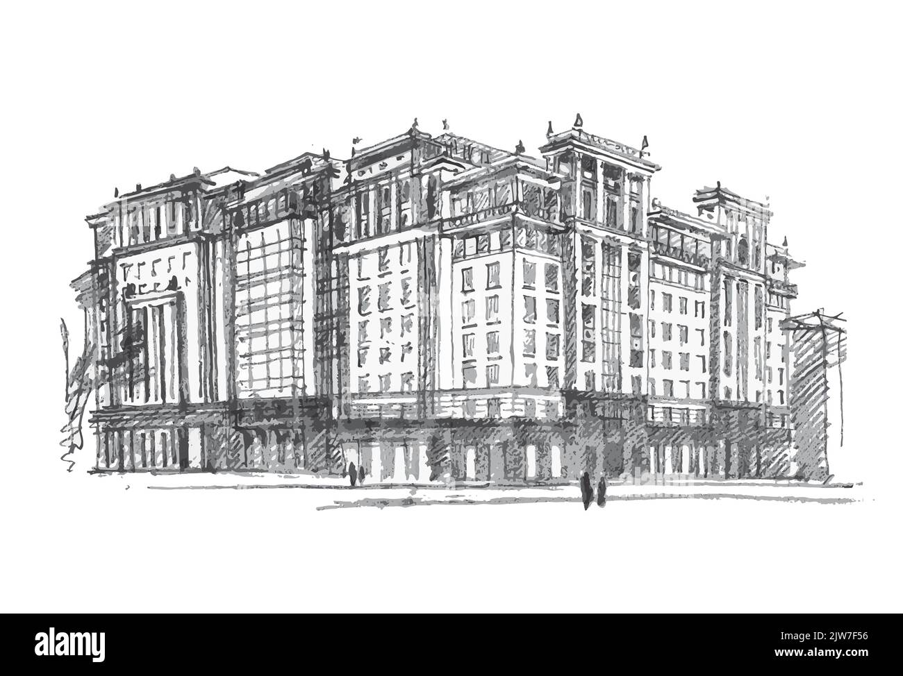 Architectural sketch of a multistory residential building. Freehand ...